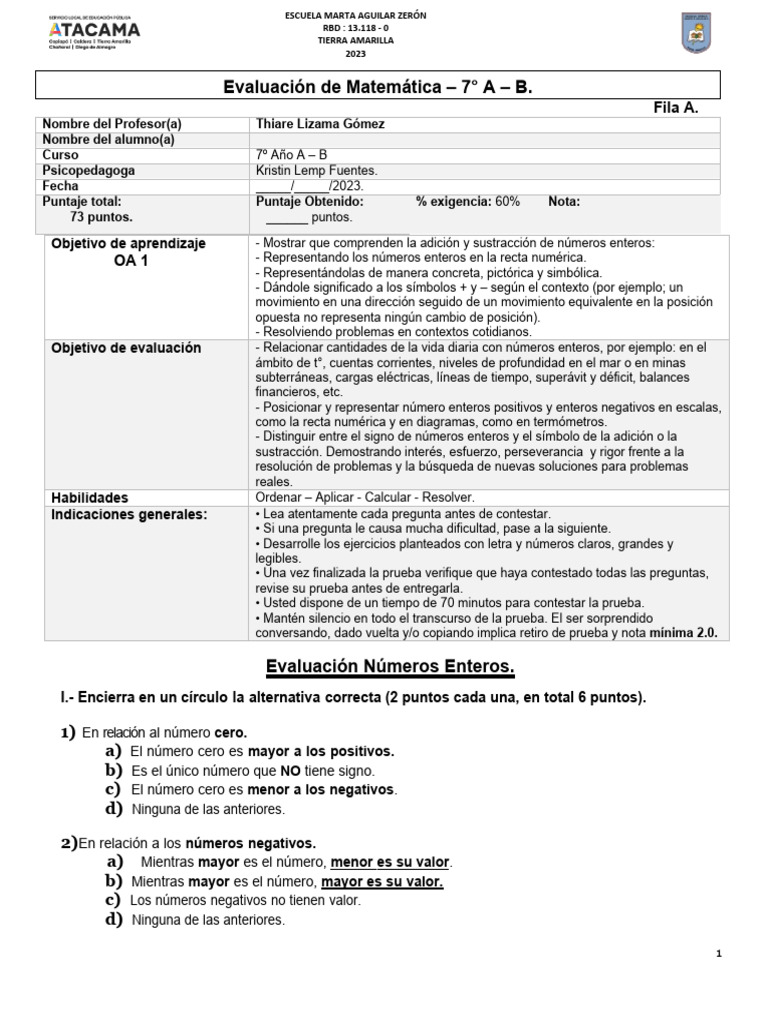 Prueba N°1 Numero Enteros. Fila A | PDF | Entero | Matemáticas