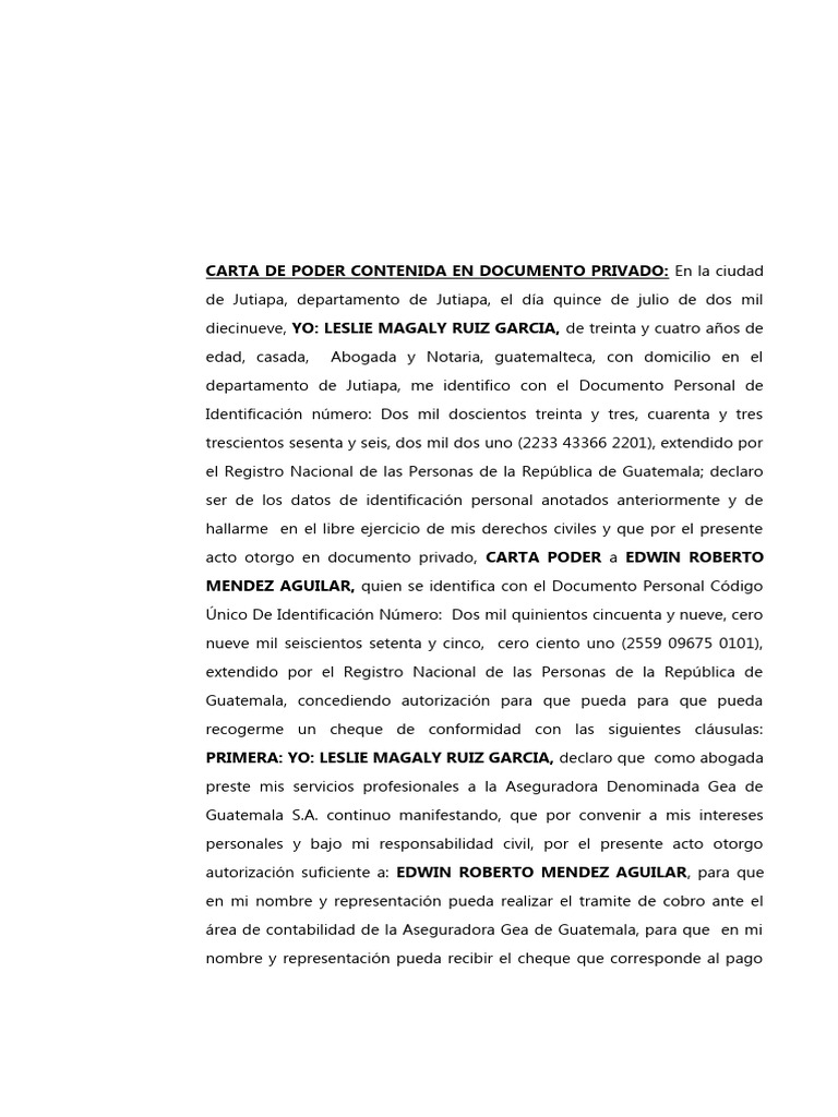 CARTA PODER PARA RECOGER CHEQUE | Descargar gratis PDF | Guatemala