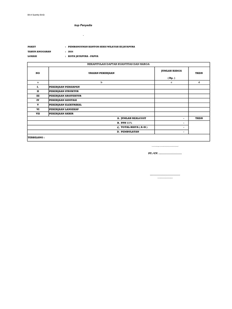 BoQ Konstruksi Kantor Seksi Wilayah III Jayapura-2 | PDF