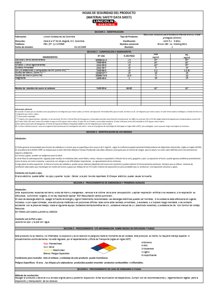 MSDS GRICON 290 Y As 6011 | PDF | Calefacción eléctrica | Física ...