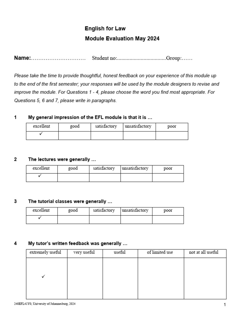English for Law Module Feedback | PDF | Behavior Modification | Cognition