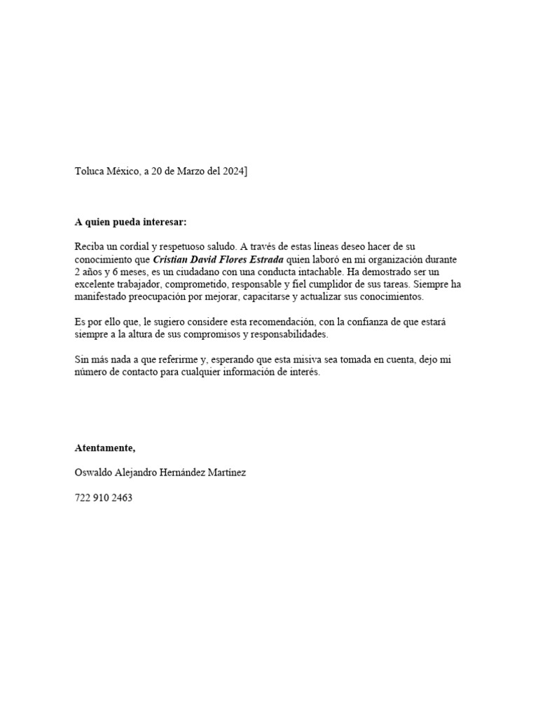 Carta De Recomendacion Pdf