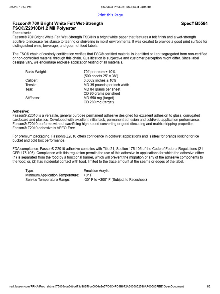 Standard Product Data Sheet - #B5584 | PDF | Materials