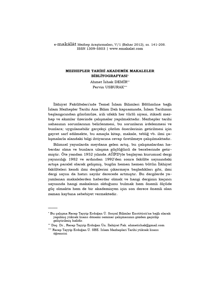 Mezhepler Tarihi Akademik Makaleler Bibl | PDF