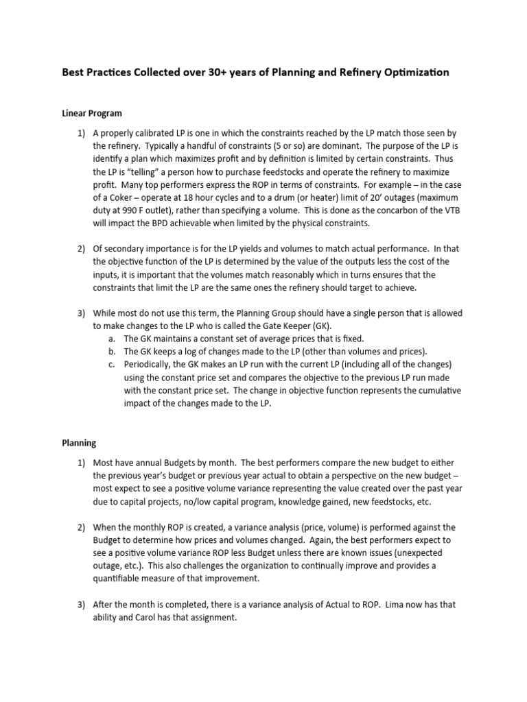 Refinery Optimization Best Practices Guide | PDF | Variance | Profit ...