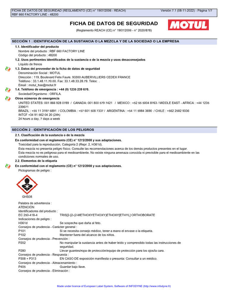20-FICHA DE DATOS DE SEGURIDAD MOTUL RBF 660 | PDF | Agua | Toxicidad