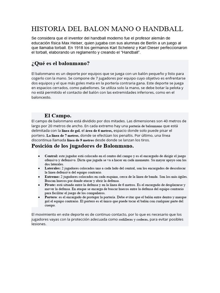 Historia Del Balon Mano O Handball: ¿Qué Es El Balonmano? | PDF ...