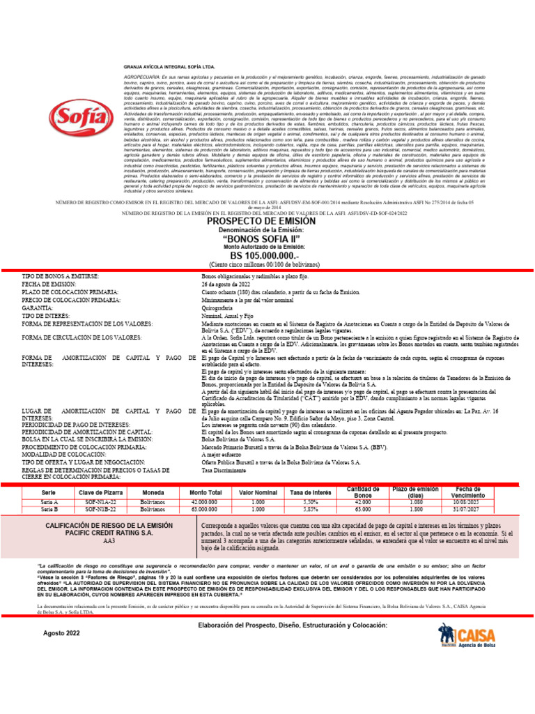 Prospecto de Emisión BONOS SOFIA | PDF | Interés | Alimentos
