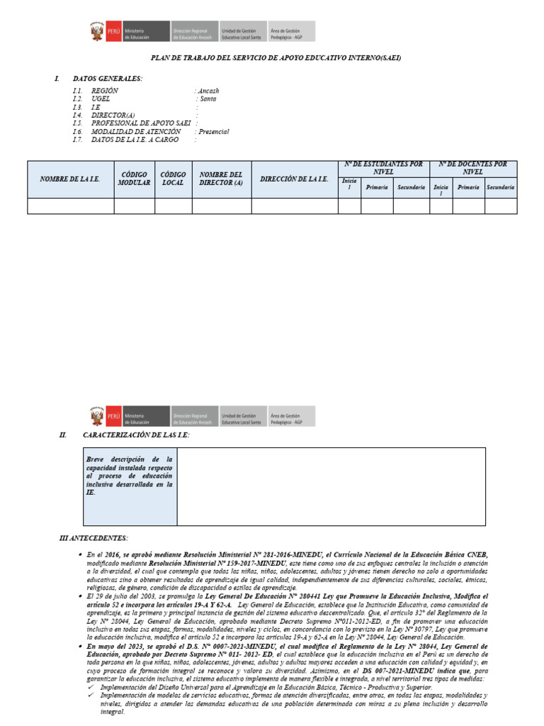 Modelo Del Plan Del Saei - 2024 | PDF | Educación primaria | Inclusión ...