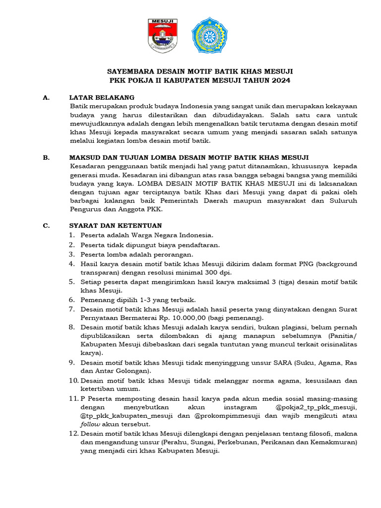 2024 SAYEMBARA Lomba Desain BATIK TP PKK POKJA II MESUJI 10jt | PDF