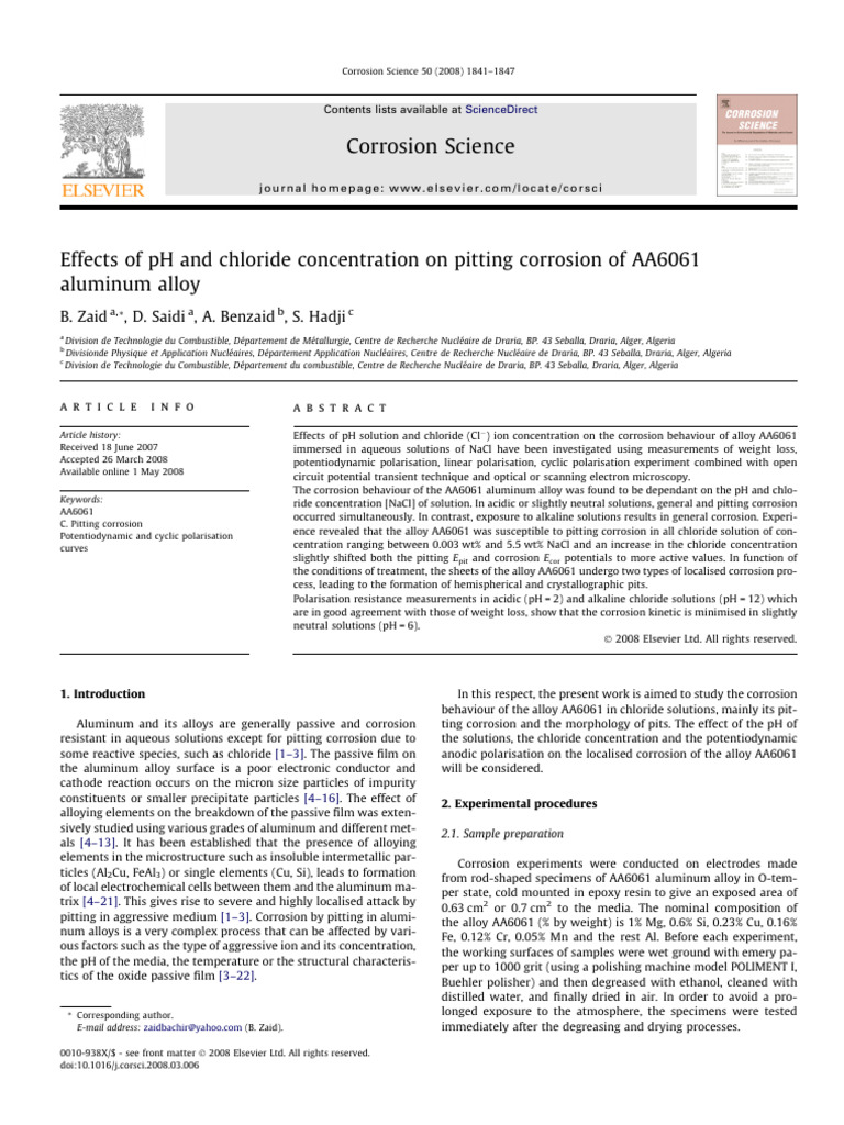 Effects of PH and Chloride Concentration On Pitting Corrosion of AA6061 | PDF | Corrosion | Ph