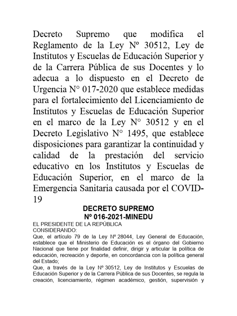 Decreto Supremo Que Modifica El Reglamento de La Ley #30512 INSTITUTOS | PDF | Plan de estudios ...