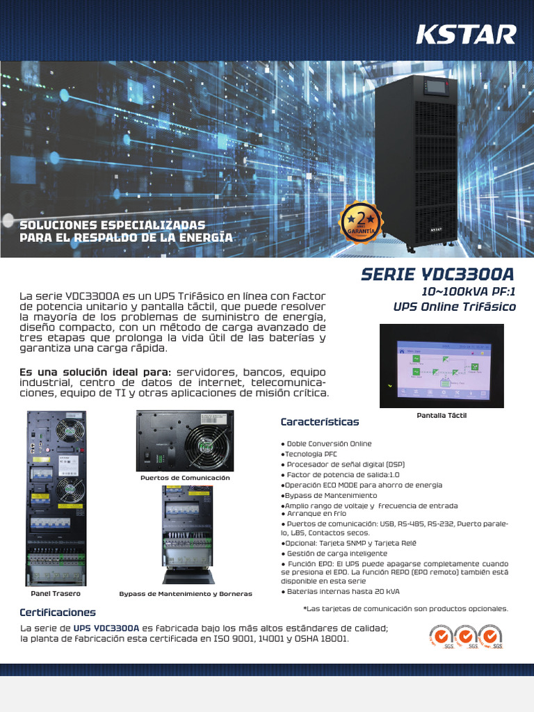 SPEC-KSTAR-YDC3 Ficha Técnica UPS KStar YDC3300A PF 1.0 10-100kVA v02 | PDF | Relé | Electrónica