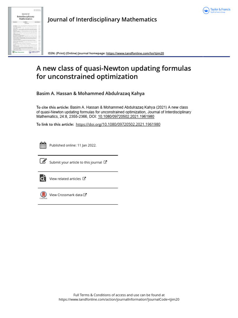 A New Class of Quasi Newton Updating Formulas For Unconstrained Optimization | PDF ...