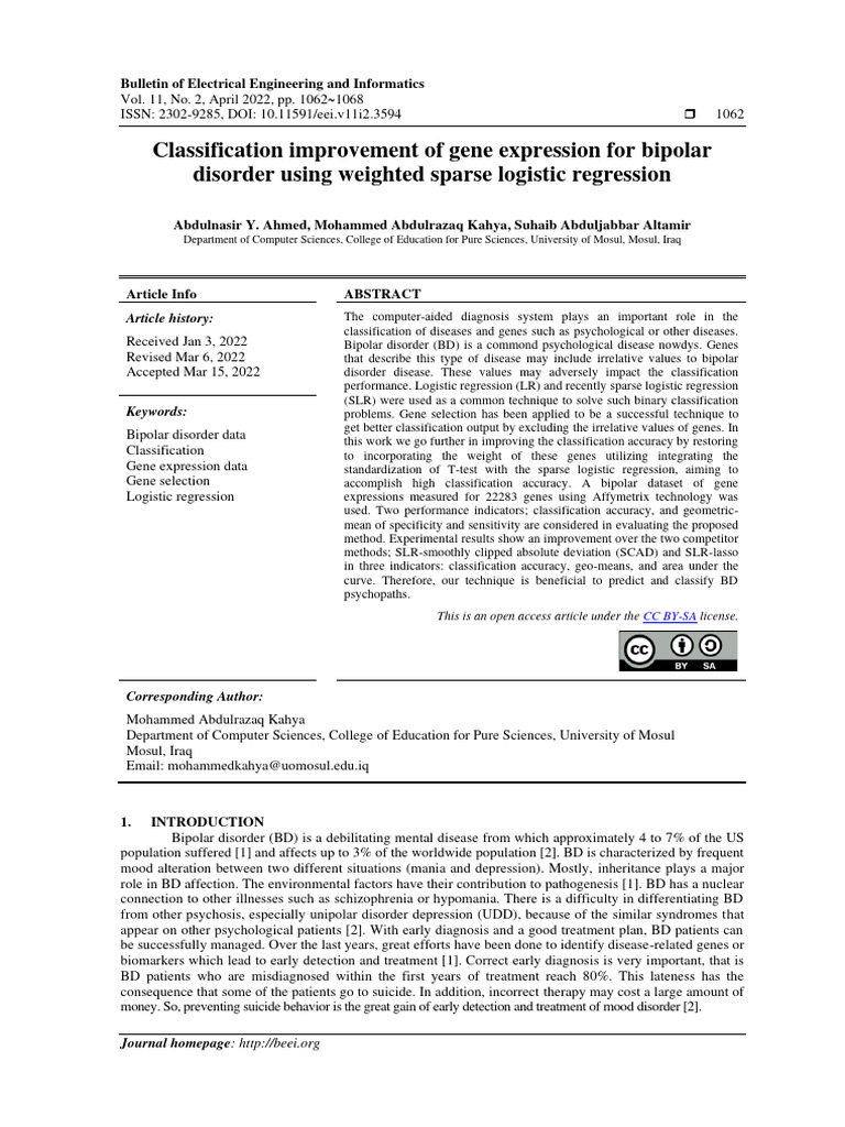 Classification Improvement of Gene Expression For Bipolar Disorder Using Weighted Sparse ...