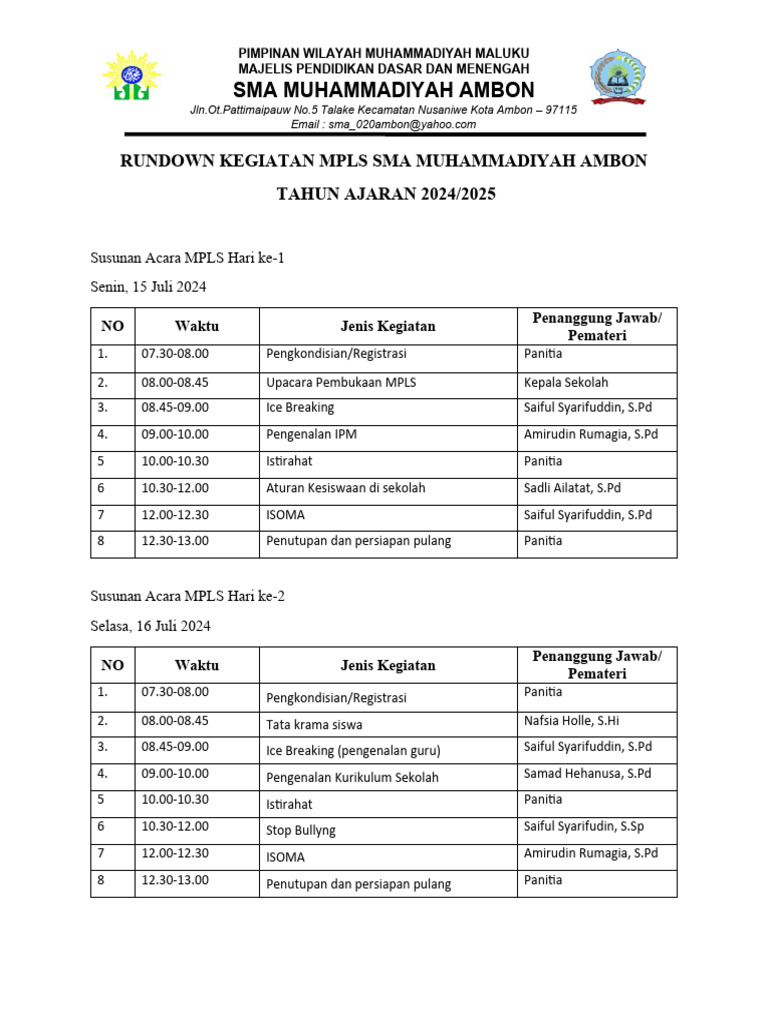 Rundown Kegiatan Mpls Sma Muhammadiyah Ambon | PDF