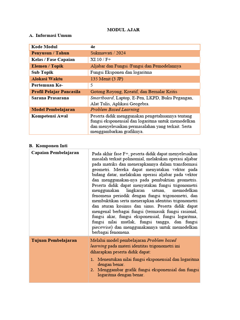 Modul Ajar Ffungsi Eksponen & Logaritma Dan Pemodelannya - Sukmawati | PDF