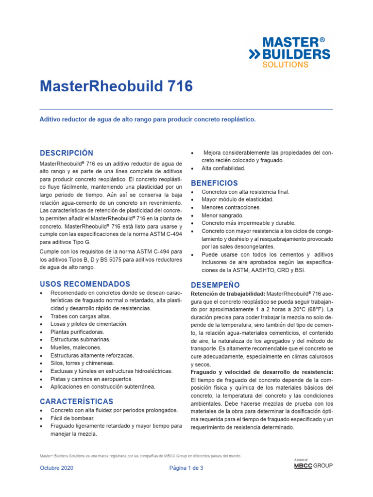 Masterrheobuild 716 - Ficha Tecnica | PDF | Hormigón | Materiales de ...