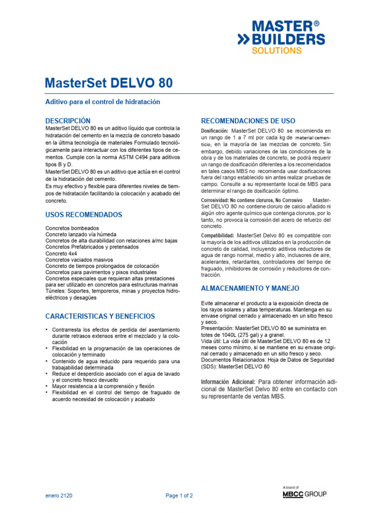 MasterSet DELVO 80 - FT-SP | PDF | Hormigón | Cemento