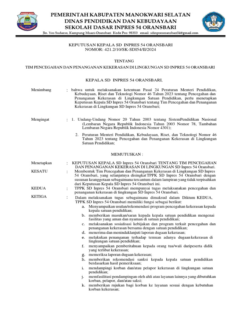 SK - TIM PENCEGAHAN DAN PENANGANAN KEKERASAN DI LINGKUNGAN SD INPRES 54 ORANSBARI-compressed ...
