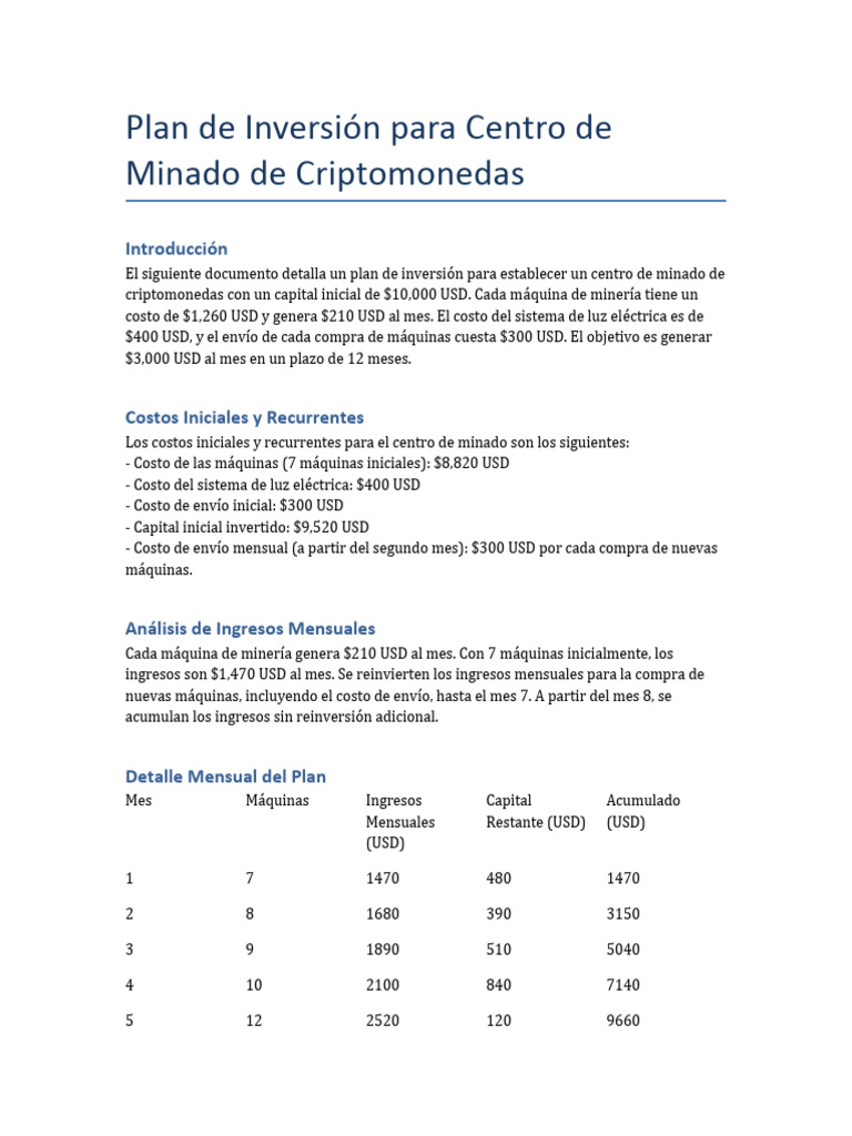 Plan de Inversion Centro de Minado Actualizado | PDF | Economias