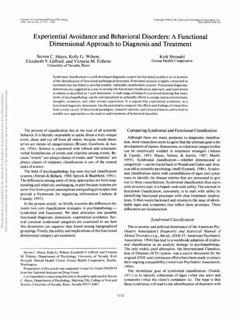 Experiential Avoidance and Behavioral Disorders A Functional ...