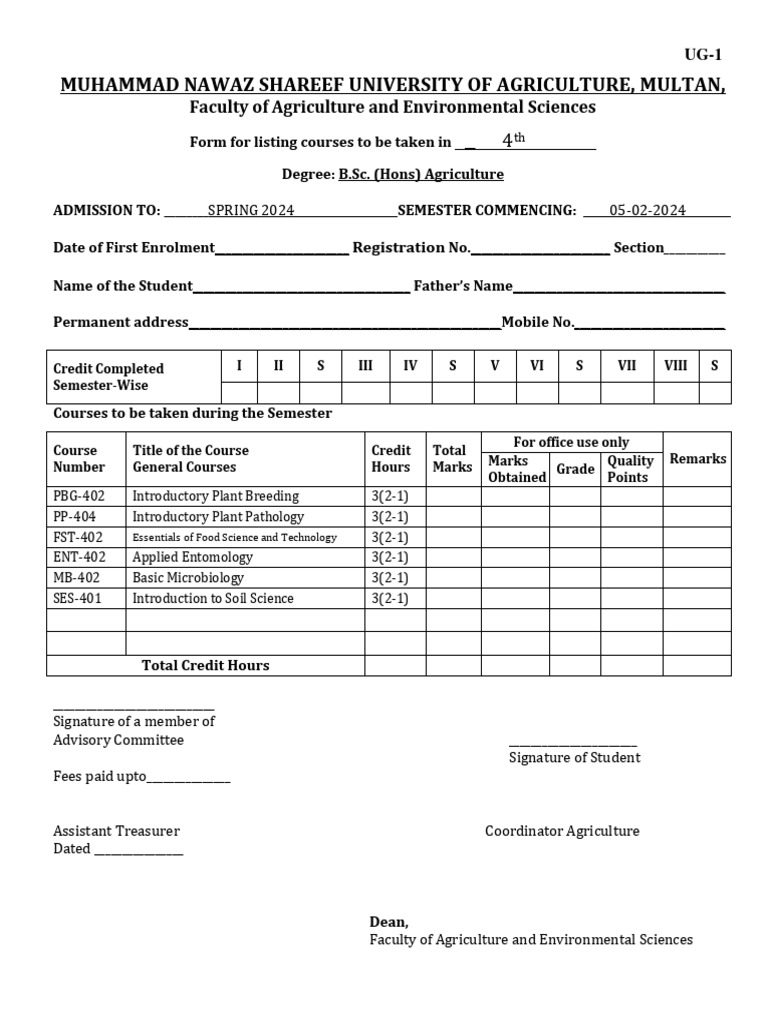 UG-1 Form 4th (Spring 2024) | PDF | Agriculture