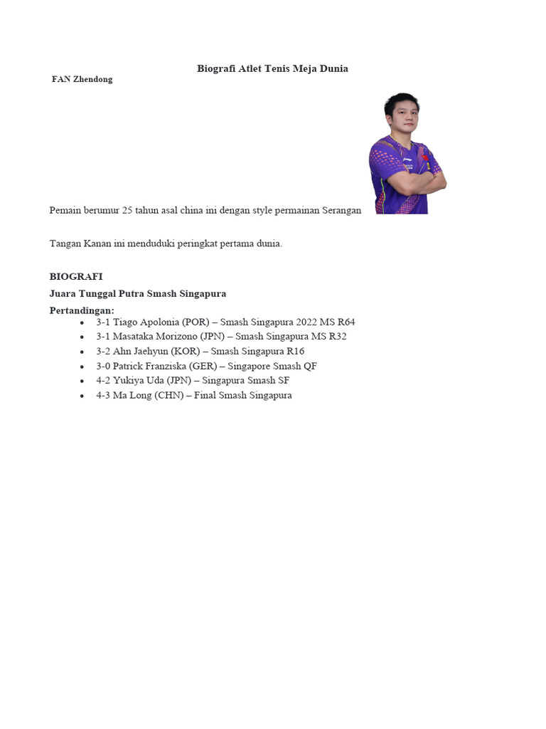 Biografi Atlet Tenis Meja Dunia | PDF | Table Tennis | Olympic Games