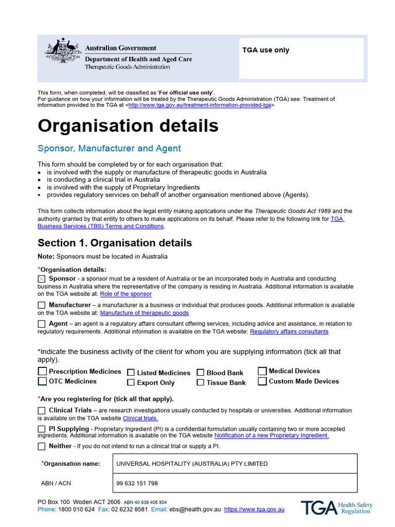 TGA Sponsor, Agent & Manufacturer Form | PDF | Medicine | Health Care