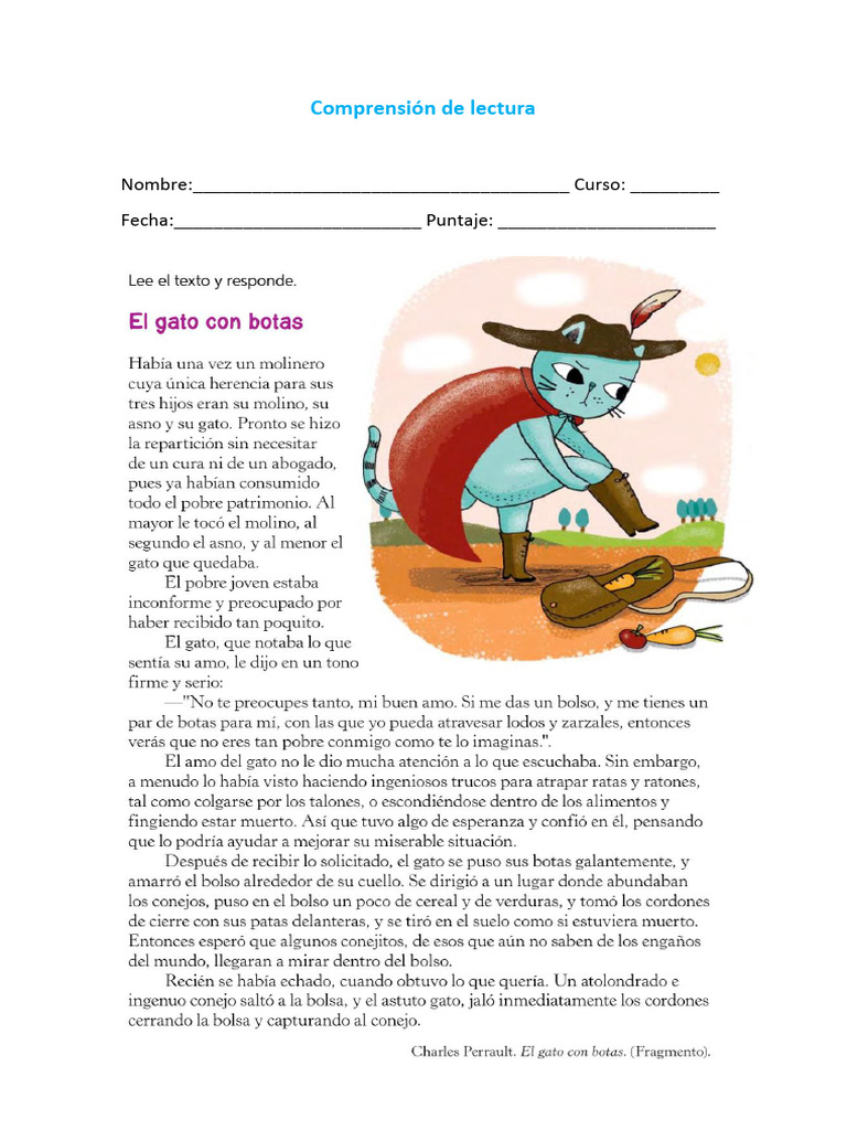 Comprensión de Lectura Gato Con Botas | PDF