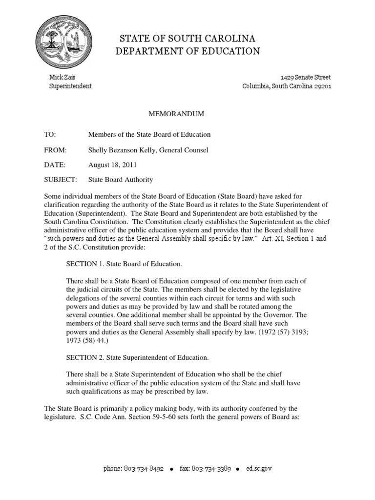 Letter Clarifying Powers of SC Board of Education, SC State ...