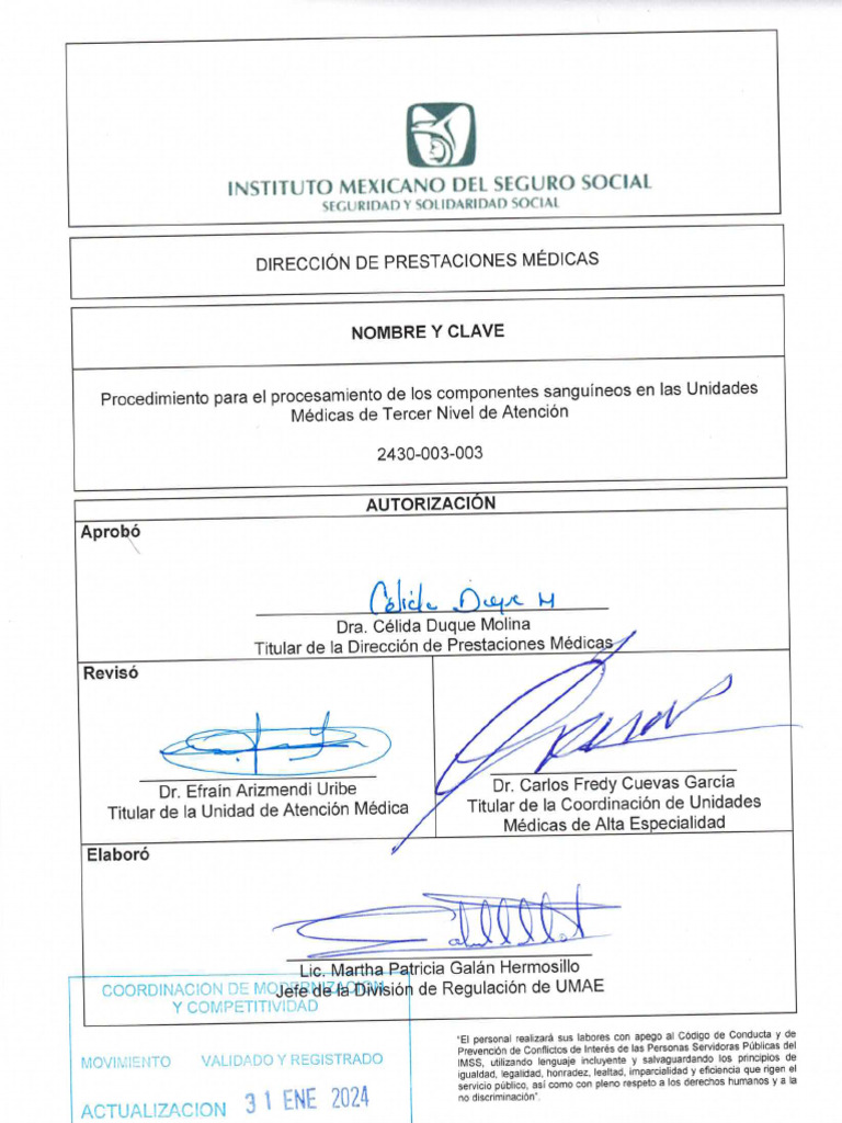 2430-003-003 Procedimiento de Los Componentes Sanguineos de La Unidad ...