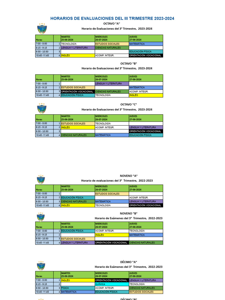 Horarios de Evaluacione III Trimestre | PDF | Observación | Ciencias Naturales