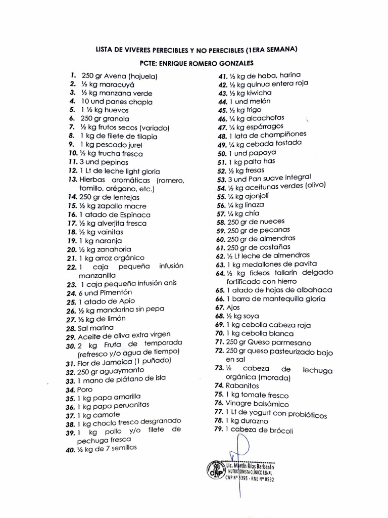 Lista de Viveres 1era Semana PX Enrique Romero | PDF | Plantas comestibles | Alimentos