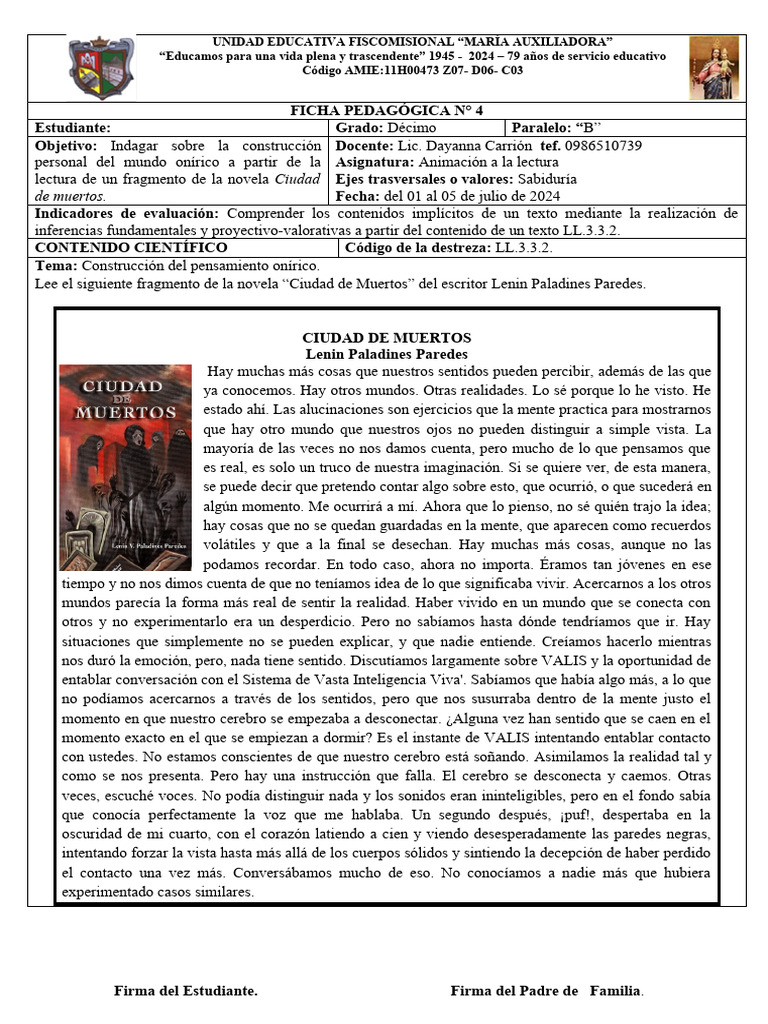 Ficha 4 - Animación A La Lectura Decimo B | PDF | Sueño | Imaginación