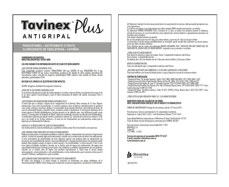 Tavinex Antigripal Plus: Uso y Precauciones | PDF | Medicamentos con ...