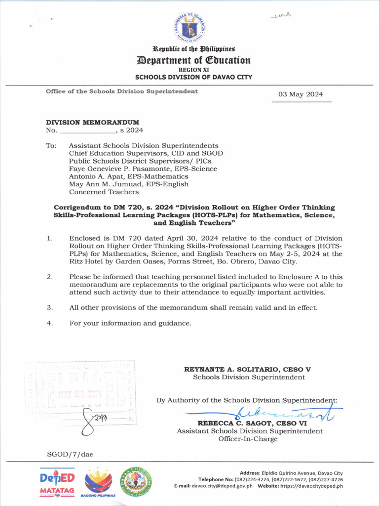 2024 Unnumbered Memo Corrigendum To DM 720 S 2024 Division Rollout On ...