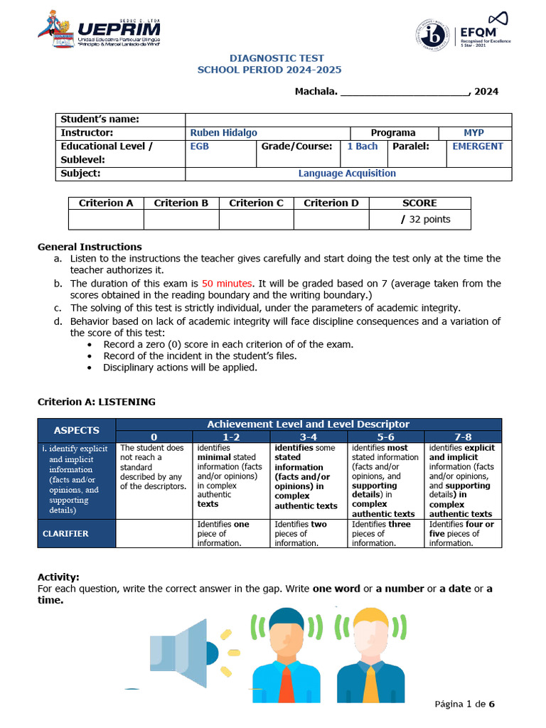 1 Bach (Emergent) - Diagnostic Test | PDF | Vocabulary | Learning