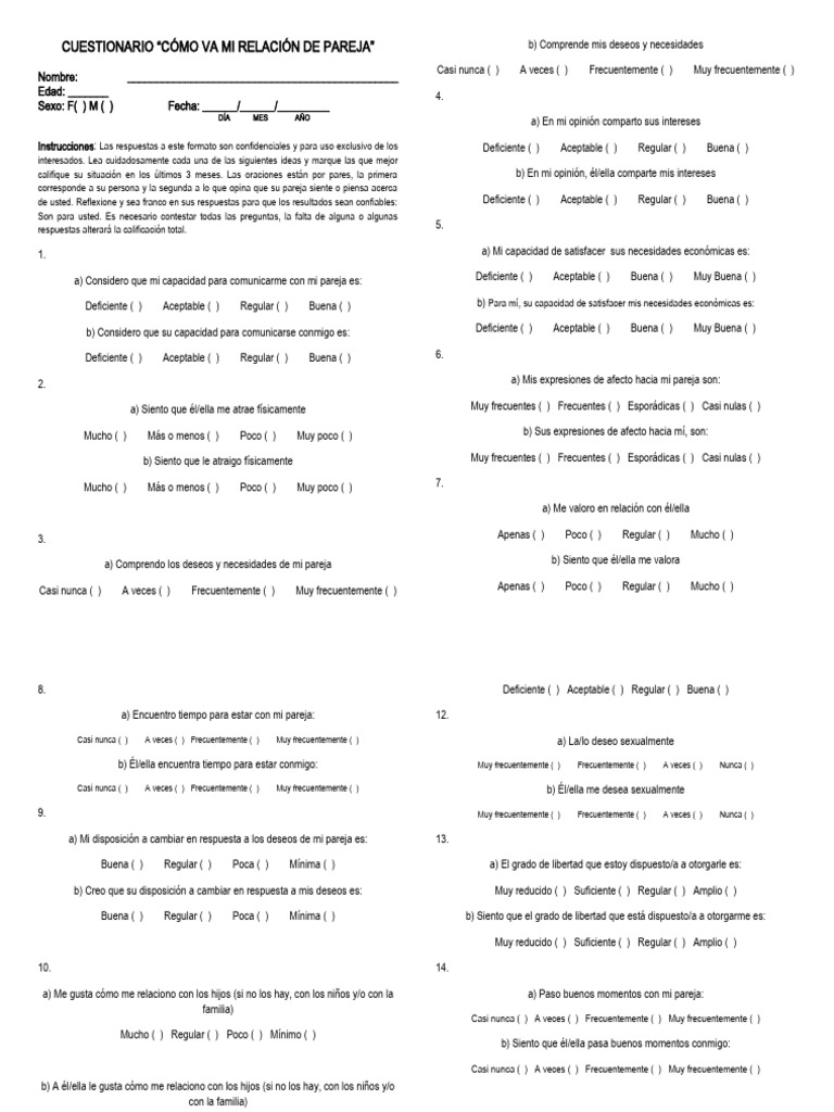 Cuestionario Como Va Mi Relacion de Pareja | PDF