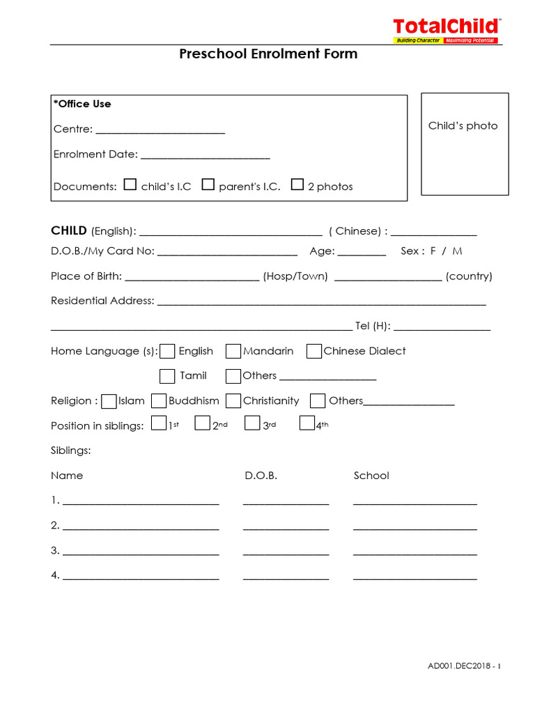 AD001 Preschool Enrolment | Download Free PDF | Preschool | Family