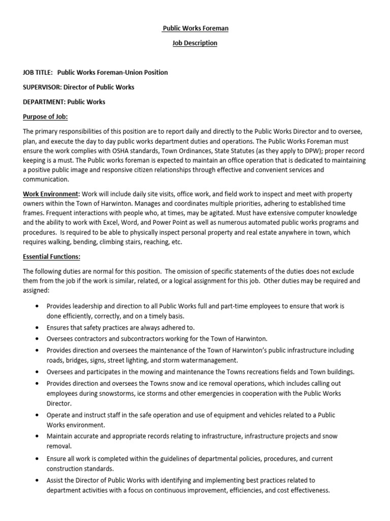 Public Works Foreman Job Overview | PDF | Employment | Occupational ...