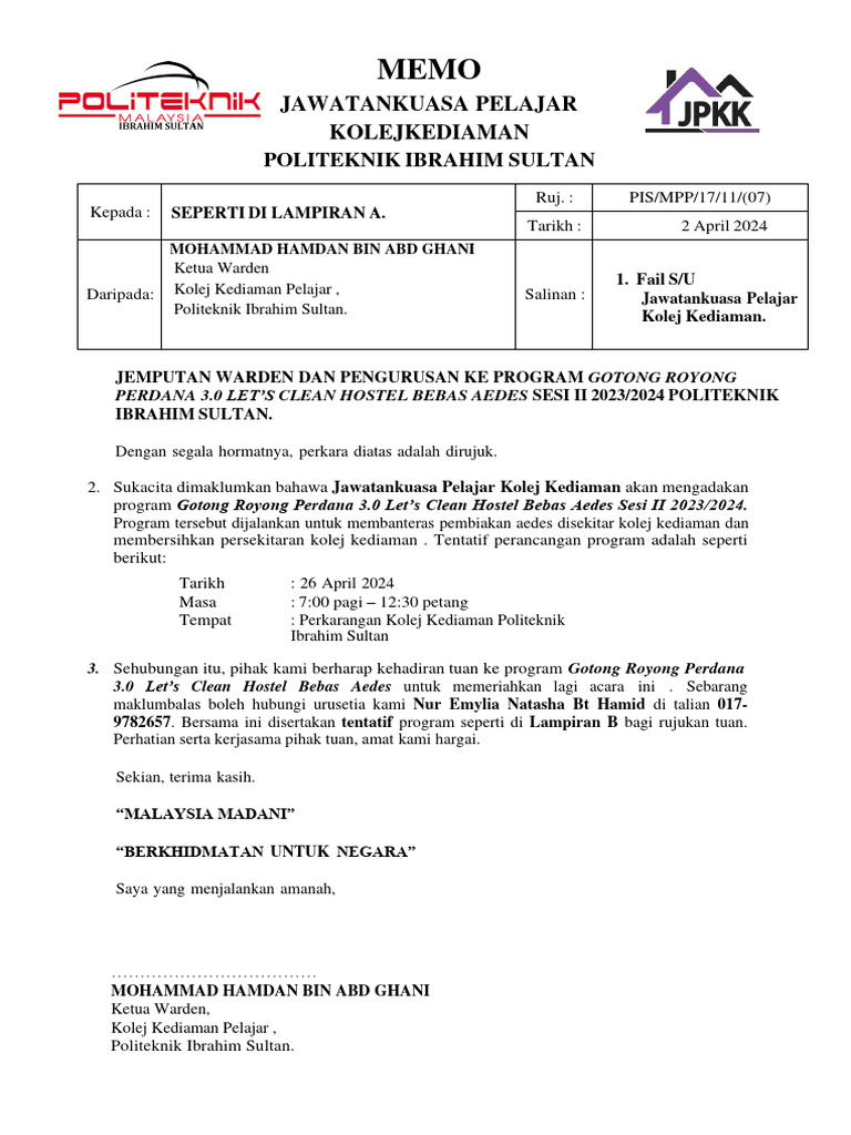 MEMO JEMPUTAN WARDEN DAN PENGURUSAN 3.00 | PDF