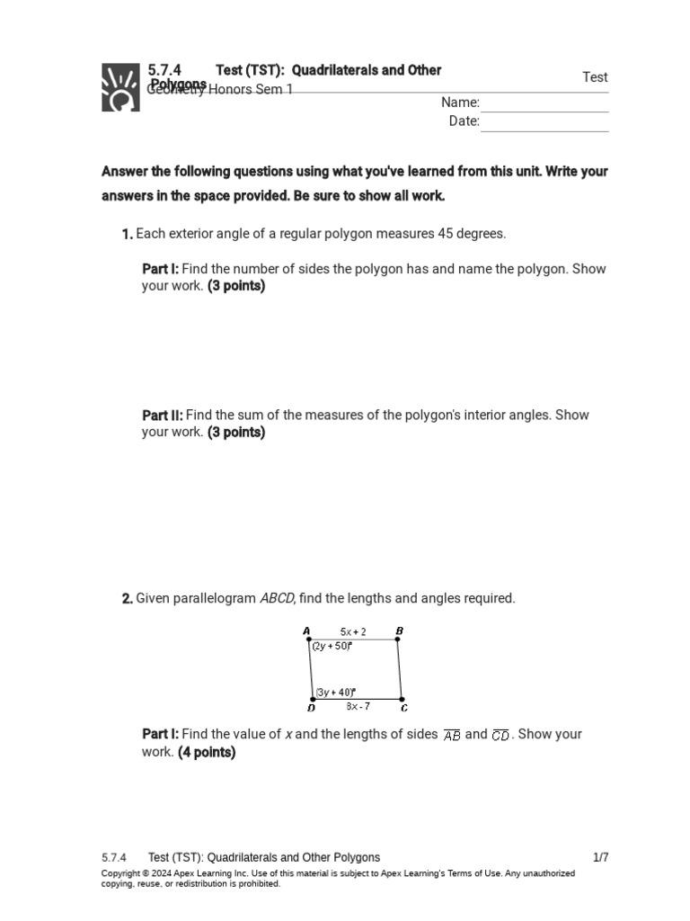 Quadrilaterals and Polygons Test | PDF | Geometry | Euclid