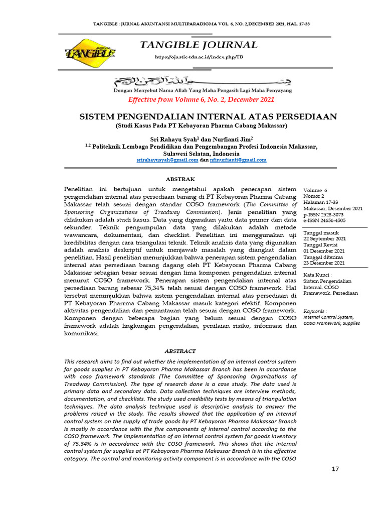 Sistem Pengendalian Internal Atas Persediaan (Studi Kasus Pada PT Kebayoran Pharma Cabang ...