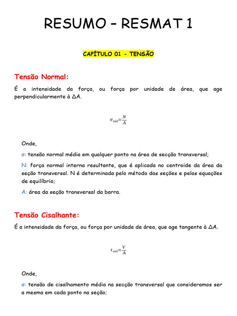 Resumo - Resmat 1 | PDF | Estresse (Mecânica) | Módulo de Young