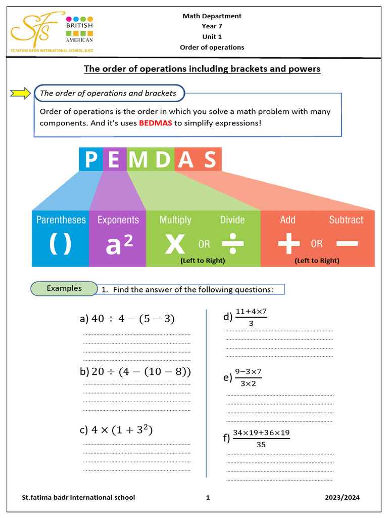 Order of Operation - Year 7 (1) 93AKS | PDF | Theoretical Physics ...