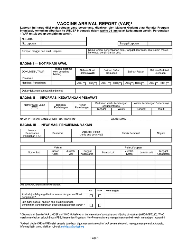Lembar VAR Hal 1-2 - Vaccine Arrival Report nOPV2 | PDF