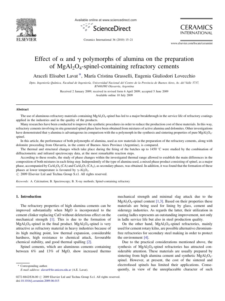 Effect of A and y Polymorphs of Alumina On The Preparation of MgAl2O4spinelcontaining Refractory ...