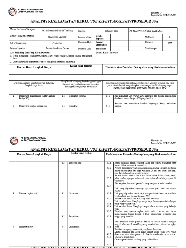 JSA Membuat Parit Di Tambang | PDF