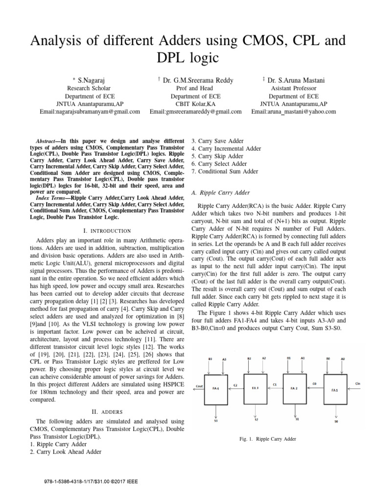 Analysis of Different Adders Using CMOS, CPL and DPL Logic | PDF | Cmos | Logic Gate